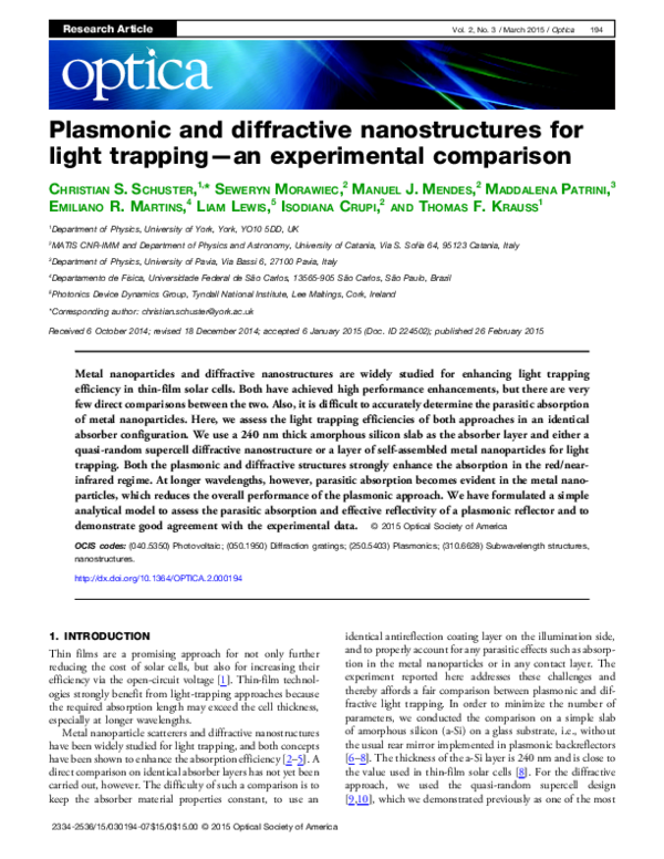 (PDF) Plasmonic and diffractive nanostructures for light trapping—an experimental comparison