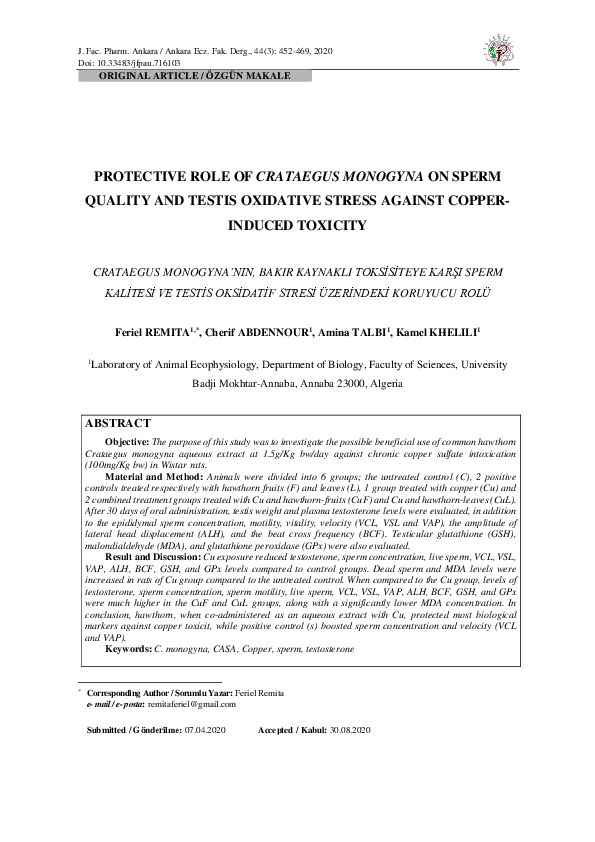 (PDF) Preventive role of Crataegus monogyna on sperm quality and testis ...
