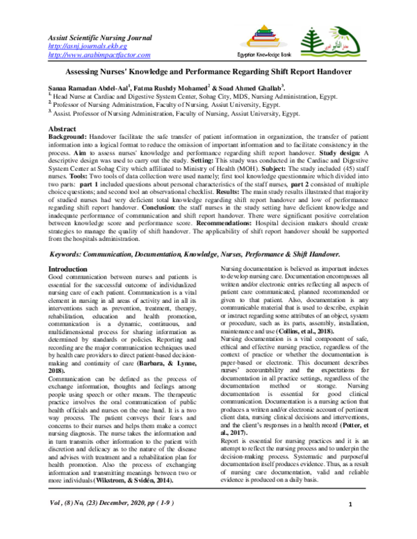 (PDF) Assessing Nurses' Knowledge and Performance Regarding Shift Report Handover | Nagy Abd Al ...