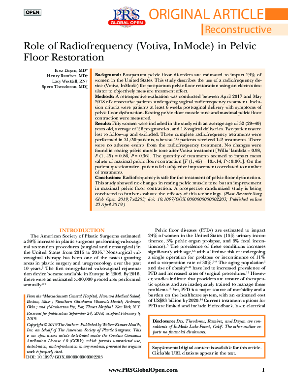 (PDF) Role of Radiofrequency (Votiva, InMode) in Pelvic Floor Restoration