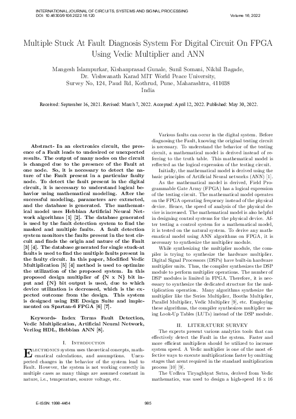 Pdf Multiple Stuck At Fault Diagnosis System For Digital Circuit On Fpga Using Vedic