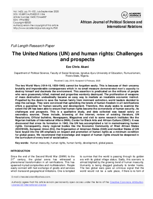 (PDF) The United Nations (UN) and human rights: Challenges and prospects
