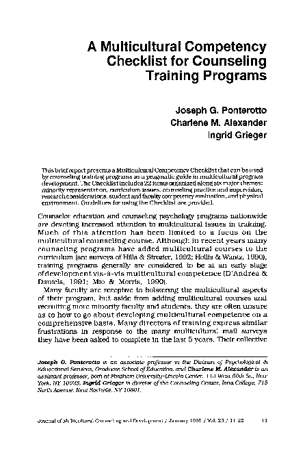 (PDF) A Multicultural Competency Checklist for Counseling Training Programs