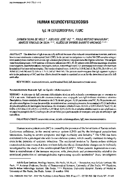 (PDF) Human neurocysticercosis: IgE in cerebrospinal fluid