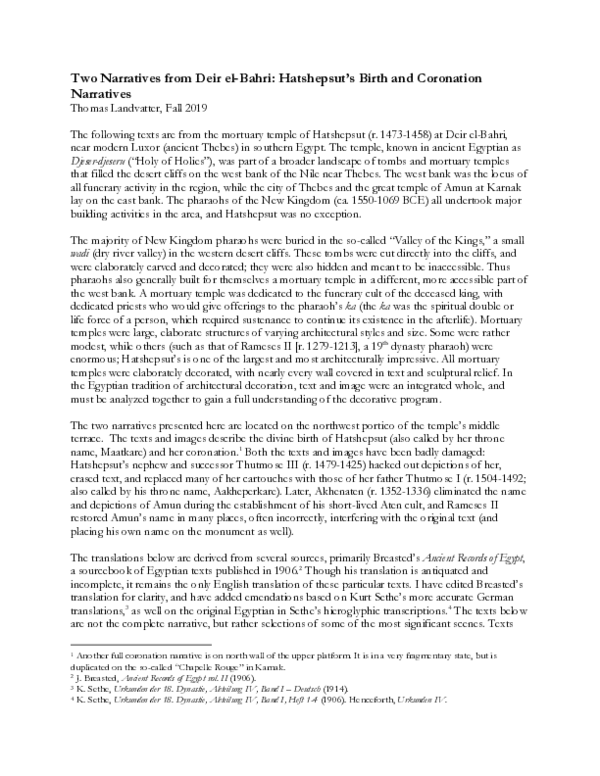 (PDF) Two Narratives from Deir el-Bahri: Hatshepsut's Birth and ...