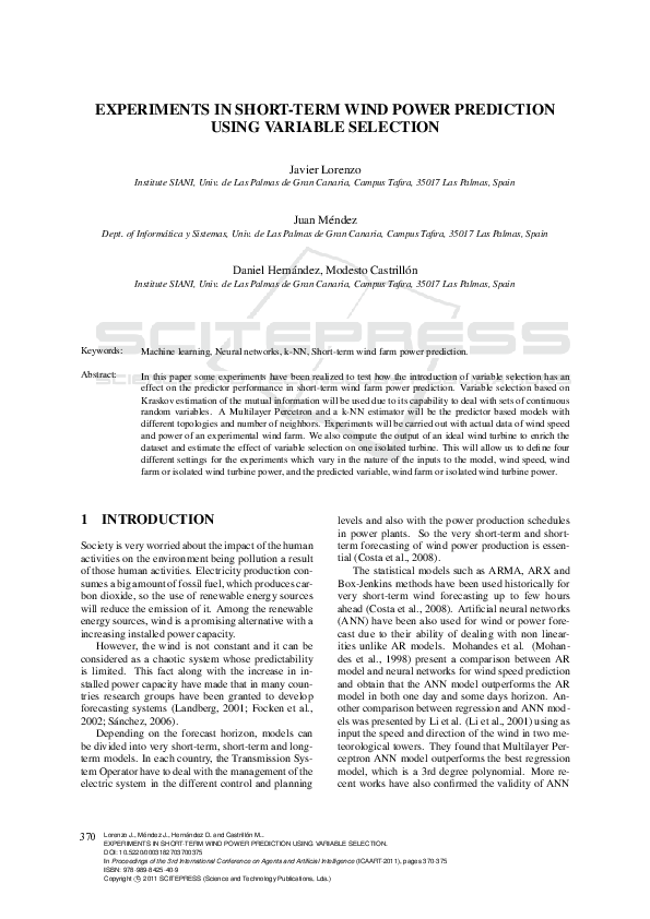 Pdf Experiments In Short Term Wind Power Prediction Using Variable