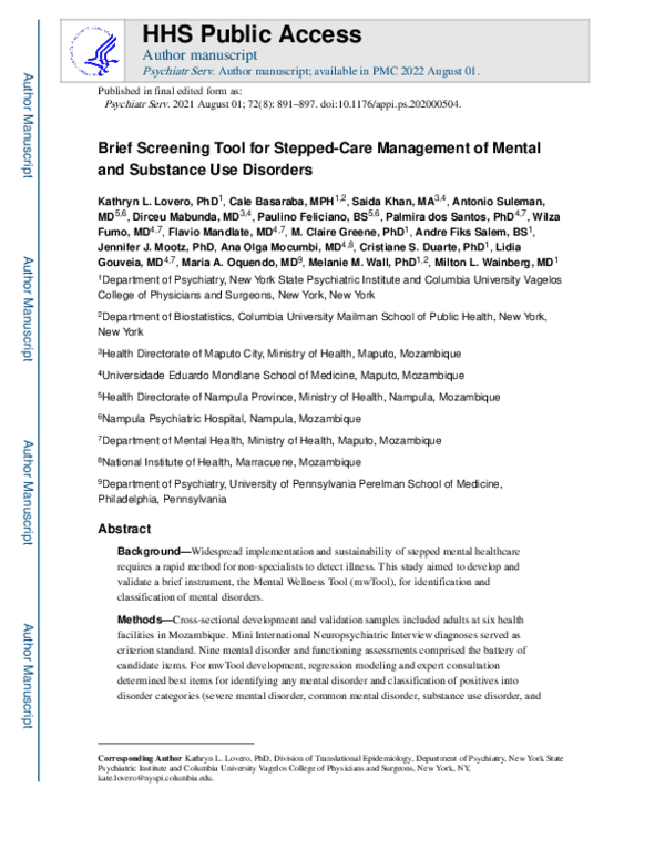 (PDF) Brief Screening Tool for Stepped-Care Management of Mental and ...