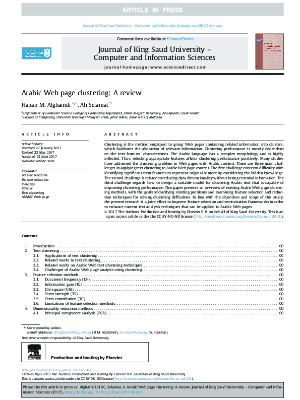 (PDF) Arabic Web page clustering: A review