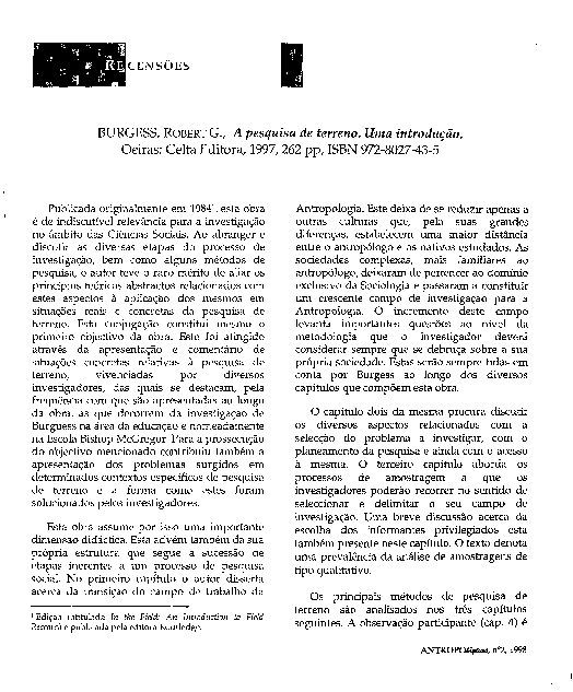(PDF) Recensão do livro A pesquisa de terreno. Uma introdução, de ...
