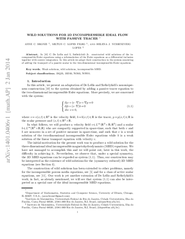 (PDF) Wild solutions for 2D incompressible ideal flow with passive tracer | Milton Lopes Filho ...
