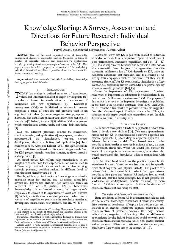 (PDF) Knowledge Sharing: A Survey, Assessment And Directions For Future Research: Individual ...