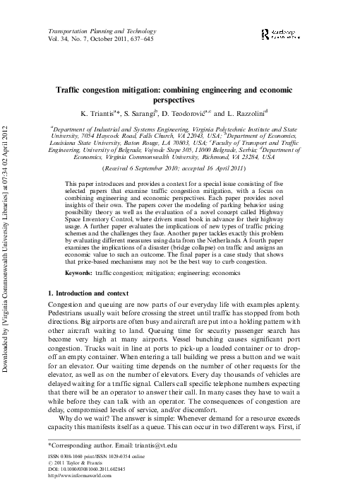 Pdf Traffic Congestion Mitigation Combining Engineering And Economic Perspectives