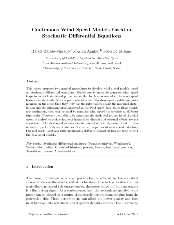 (PDF) Continuous wind speed models based on stochastic differential ...