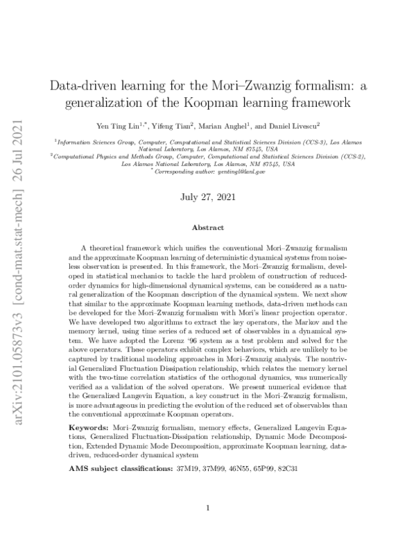 (PDF) Data-Driven Learning for the Mori--Zwanzig Formalism: A Generalization of the Koopman ...