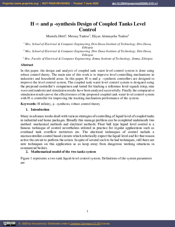 (PDF) H and -Synthesis Design of Coupled Tanks Level Control | Eliyas Alemayehu - Academia.edu