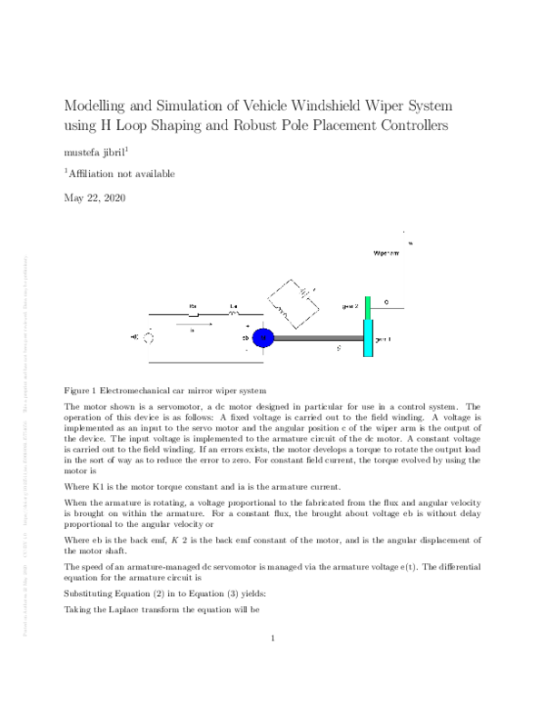 Pdf Modelling And Simulation Of Vehicle Windshield Wiper System Using H Loop Shaping And 