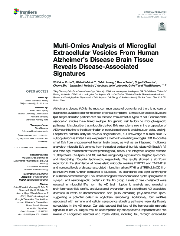 (PDF) Multi-Omics Analysis of Microglial Extracellular Vesicles From Human Alzheimer’s Disease ...