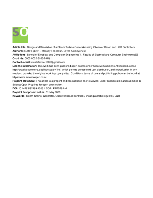 Pdf Design And Simulation Of A Steam Turbine Generator Using Observer Based And Lqr