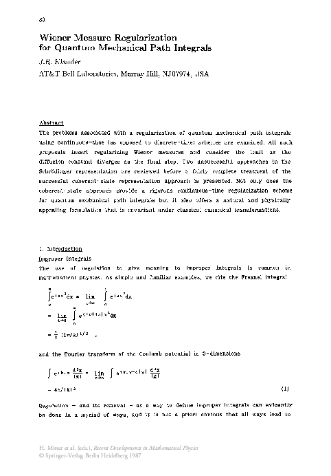(PDF) Wiener Measure Regularization for Quantum Mechanical Path Integrals | John Klauder ...