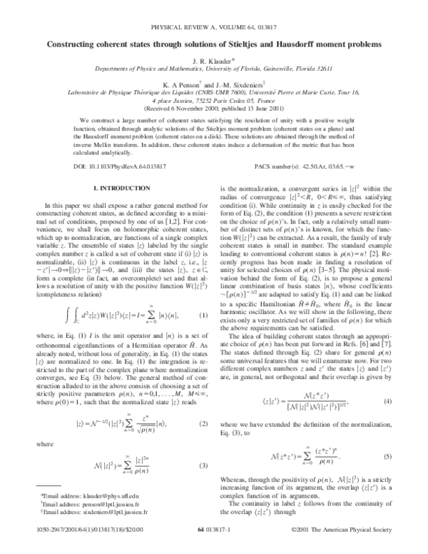 (PDF) Constructing coherent states through solutions of Stieltjes and ...