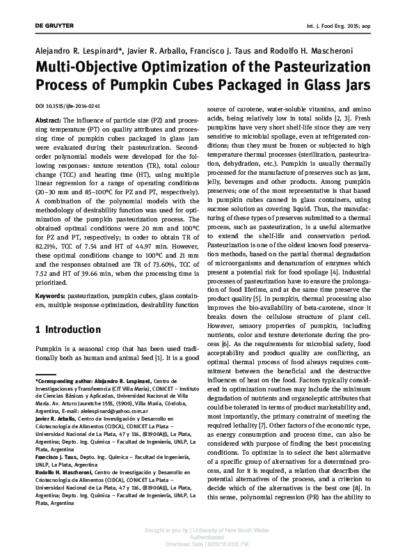 (PDF) Multi-Objective Optimization of the Pasteurization Process of Pumpkin Cubes Packaged in ...