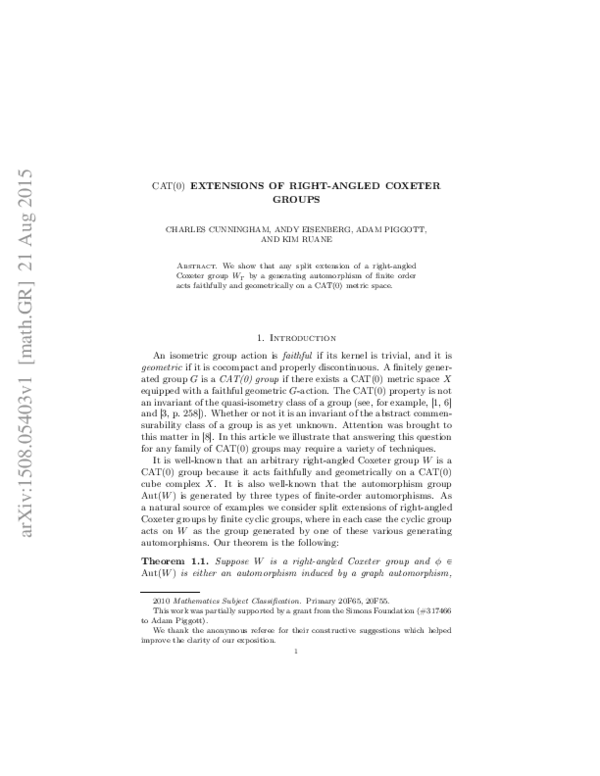 (PDF) $\mathrm{CAT}(0)$ Extensions of Right-angled Coxeter Groups