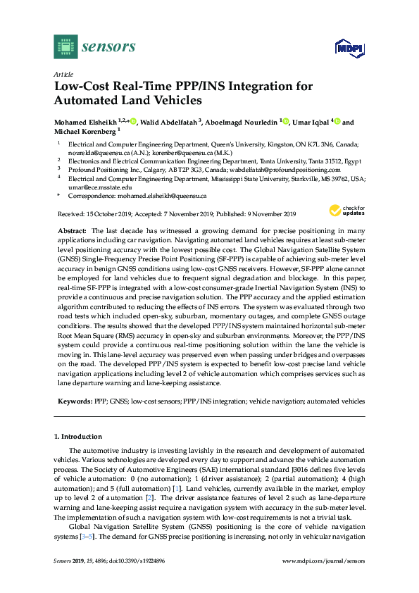 (PDF) Low-Cost Real-Time PPP/INS Integration for Automated Land Vehicles