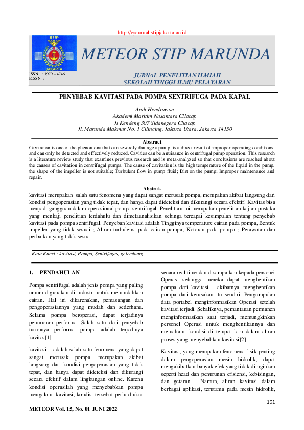 (PDF) Penyebab Kavitasi Pada Pompa Sentrifuga Pada Kapal
