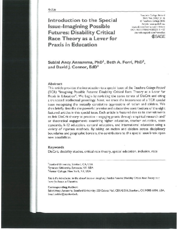 (PDF) Imagining Possible Futures: Disability Critical Race Theory as a ...