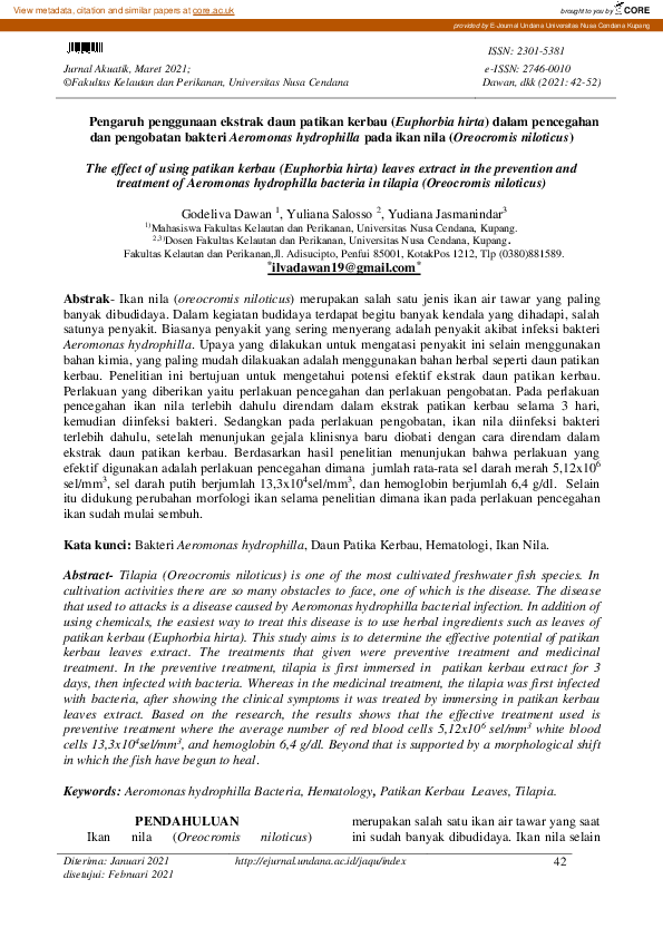 (PDF) Pengaruh penggunaan ekstrak daun patikan kerbau (Euphorbia hirta ...