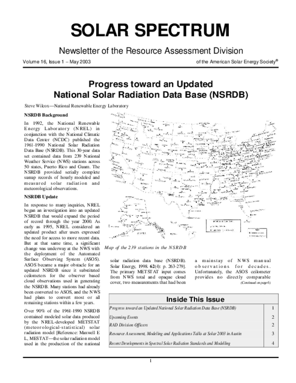 (PDF) Progress Toward an Updated National Solar Radiation Data Base