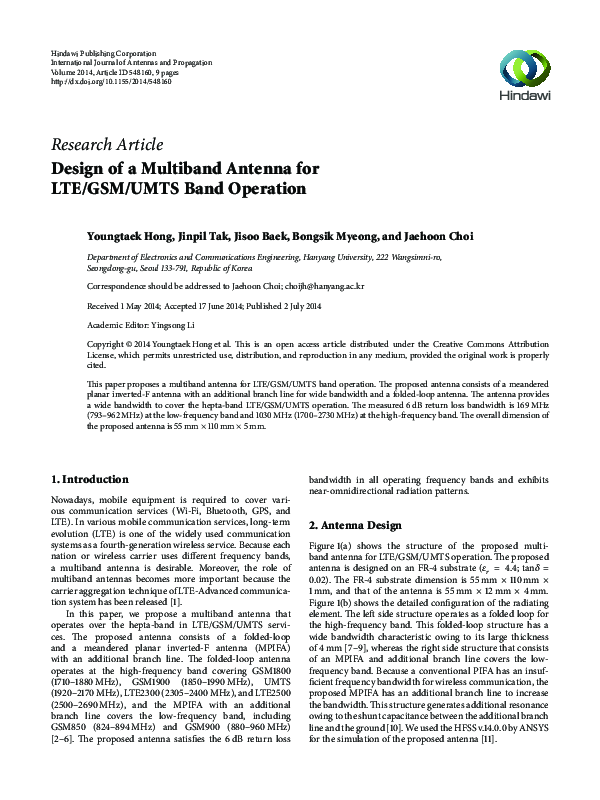 (PDF) Design of a Multiband Antenna for LTE/GSM/UMTS Band Operation