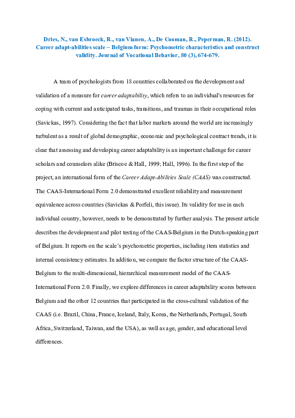 (PDF) Career Adapt-Abilities Scale-Belgium Form: Psychometric ...