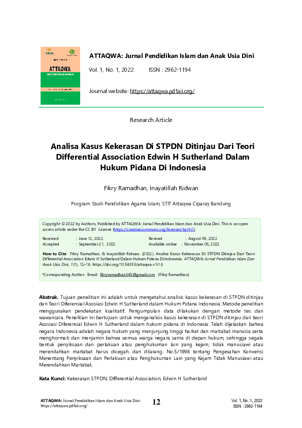 (PDF) Analisa Kasus Kekerasan Di STPDN Ditinjau Dari Teori Differential ...
