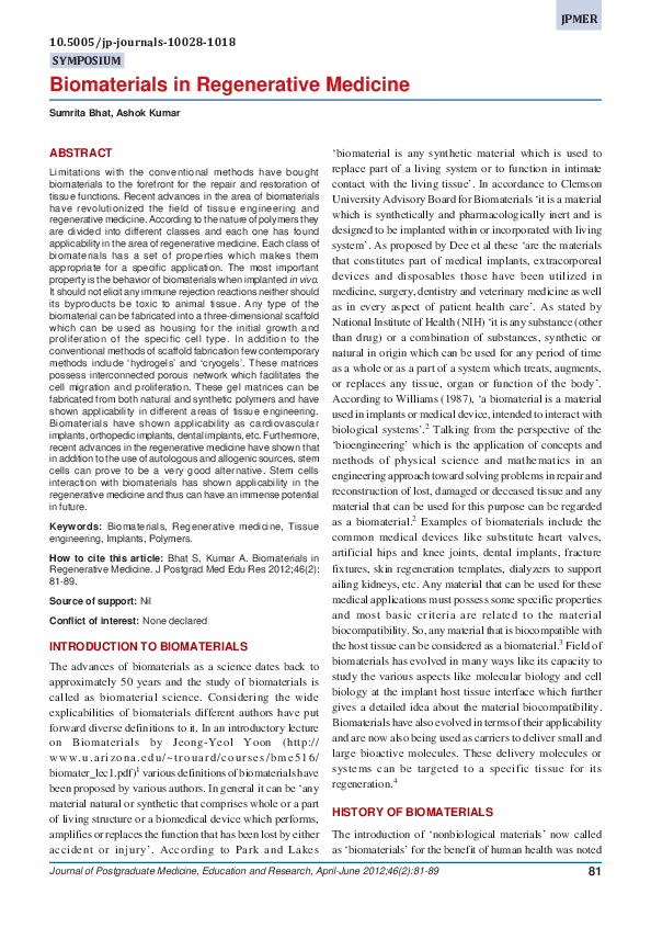 (PDF) Biomaterials in Regenerative Medicine