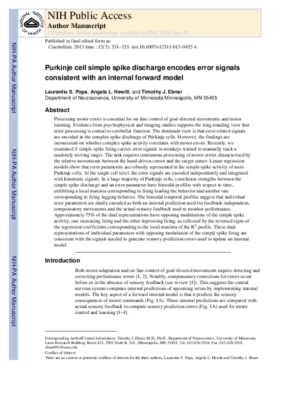 (PDF) Purkinje Cell Simple Spike Discharge Encodes Error Signals ...