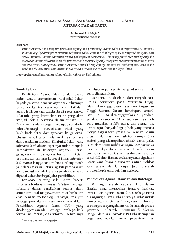 (PDF) Pendidikan Agama Islam Dalam Perspektif Filsafat: Antara Cita Dan Fakta | Mohamad Arif ...