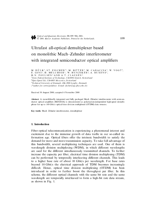 (PDF) Ultrafast all-optical demultiplexer based on monolithic Mach–Zehnder interferometer with ...
