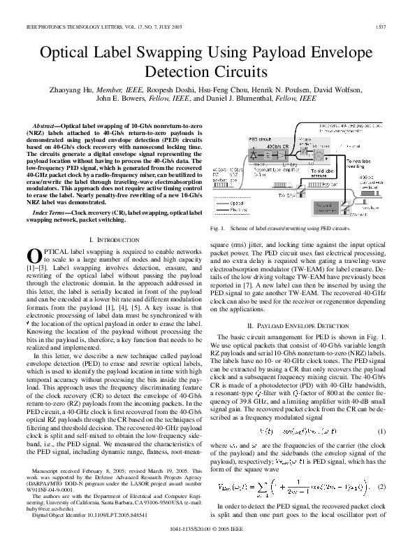Pdf Optical Label Swapping Using Payload Envelope Detection Circuits