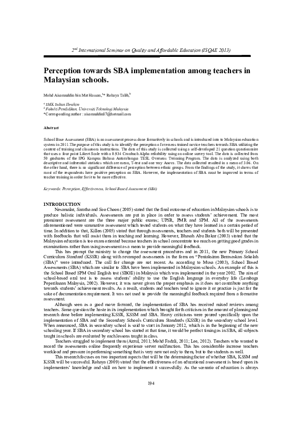 (PDF) Perception towards SBA implementation among teachers in Malaysian schools