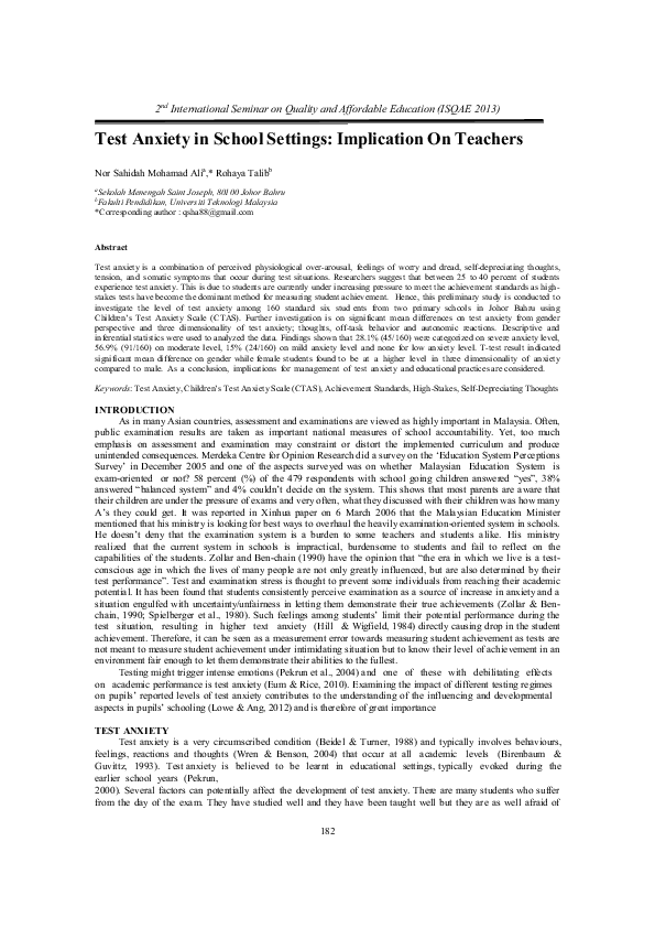 (PDF) Test anxiety in school settings: implication on teachers