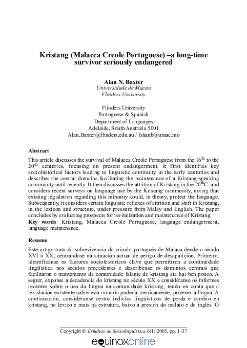 (PDF) Kristang (Malacca Creole Portuguese) -- A long-time survivor ...