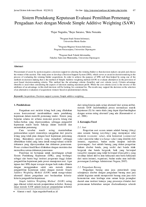 (PDF) Sistem Pendukung Keputusan Evaluasi Pemilihan Pemenang Pengadaan Aset dengan Metode Simple ...