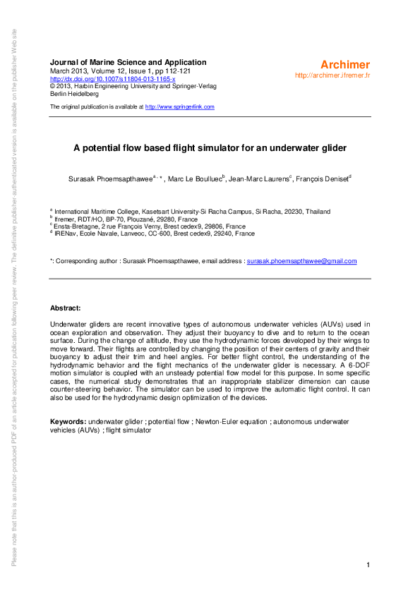 (PDF) A potential flow based flight simulator for an underwater glider