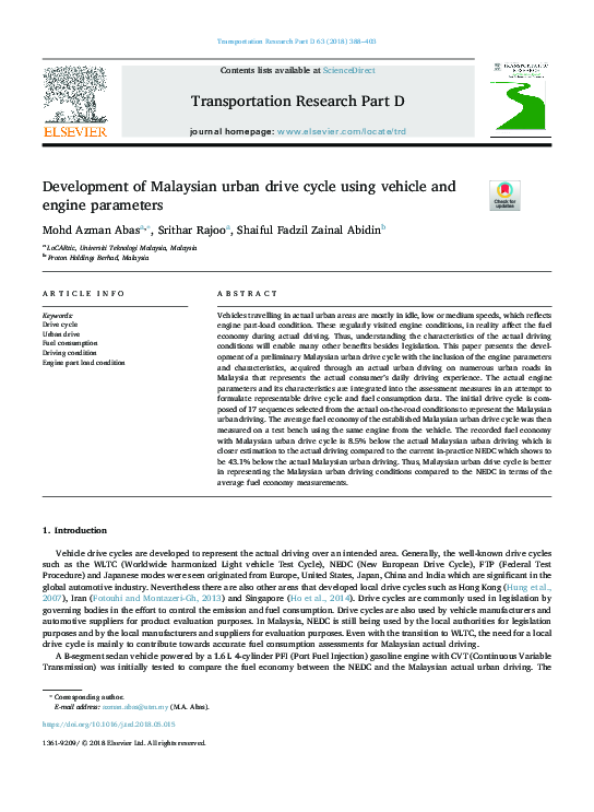 (PDF) Creating a Malaysian Urban Drive Cycle: Vehicle & Engine Insights