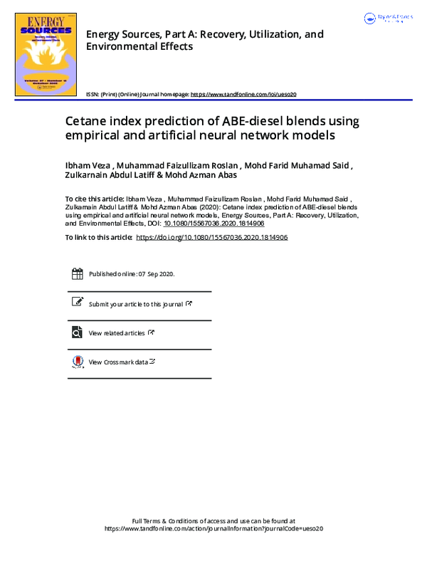 (PDF) Cetane index prediction of ABE-diesel blends using empirical and artificial neural network ...