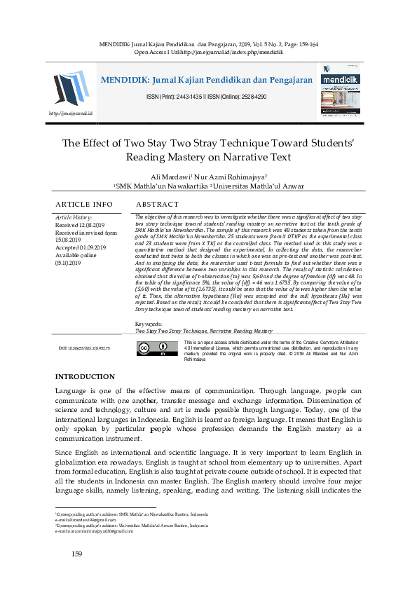 (PDF) The Effect Of Two Stay Two Stray Technique Toward Students’ Reading Mastery On Narrative Text