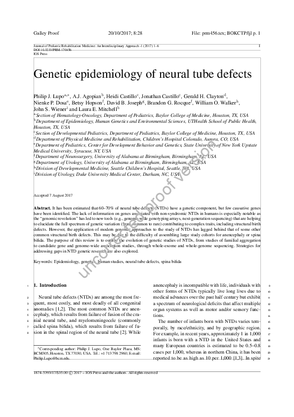 (PDF) Genetic epidemiology of neural tube defects