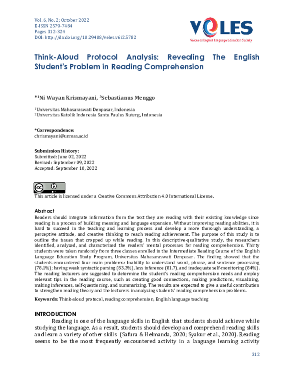 (PDF) Think-Aloud Protocol Analysis: Revealing The Student's Problem in Reading Comprehension
