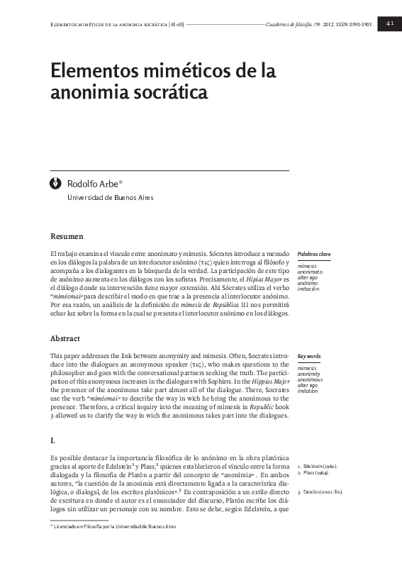 (PDF) Elementos miméticos de la anonimia socrática | Rodolfo Arbe ...